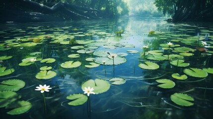 A tranquil pond filled with water lilies, their broad leaves floating ...
