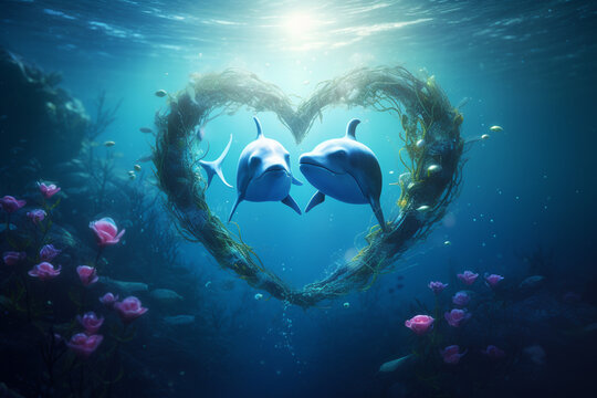 Two Real Dolphins Making A Heart