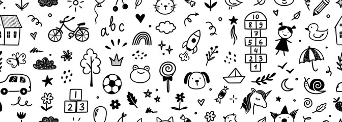 Sewing fabric with Kindergarten doodle vector background. Hand drawn ...