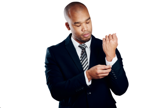 Handcuffed Caucasian Businessman Smiling on Transparent Background