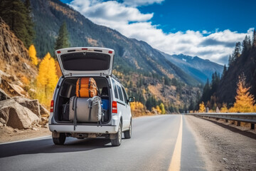 van car on the road with one person, in the mountains driving during ...