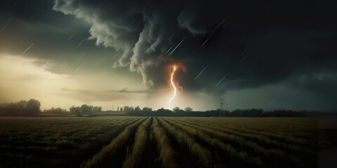 minimalistic design Black tornado funnel and lightning over field ...
