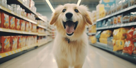 A dog standing in a store aisle. Can be used to depict a pet-friendly ...