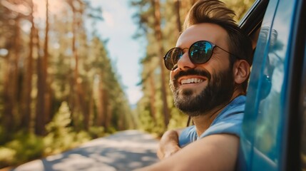 Happy man smiling at the camera, sticking his head out of the car ...
