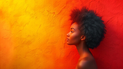 Beautiful Black woman with curly hair side view on vibrant orange ...