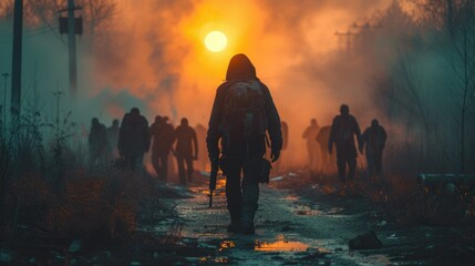 Man with gun goes to kill scary walking dead. Zombie attack. War ...