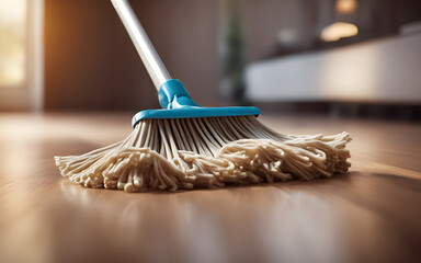 Closeup on a Mop in Sunlit Room, Cleaning Wooden Floor concept