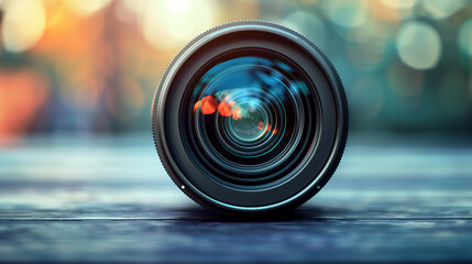 Close-up front view of wide-angle camera lens on dark background. The ...