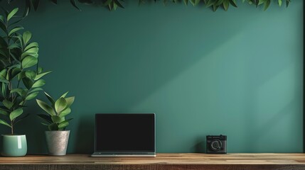Laptop on wooden desk against vibrant green wall background ...