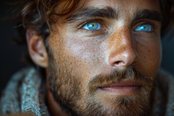 Detailed close-up of a thoughtful man with blue eyes and a beard ...