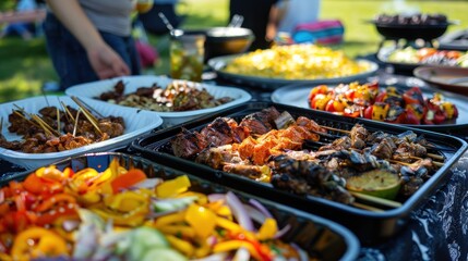 A multicultural BBQ potluck in a community park, where diverse dishes ...