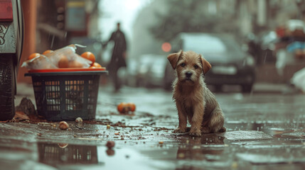Stray homeless dog sad abandoned hungry puppy sitting alone in the street under rain dirty wet ...