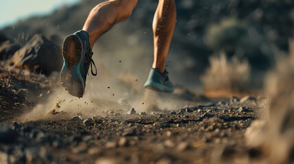 Trail runner sport shoes swiftly Running on dusty Trail, runners in ...