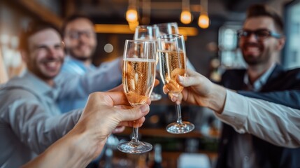 A team of business partners sharing a toast with champagne glasses ...