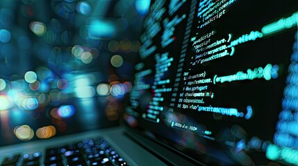 HTML inscription against a laptop and code background