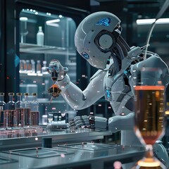 Sewing fabric with Android robot inside lab where robots perform tasks ...