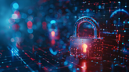 Digital padlock for computing system on dark blue background, cyber ...