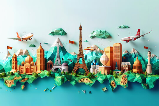 Wallpaper travel illustration 3d color tourism place landmarks world travel day wallpaper Stock Adobe Stock