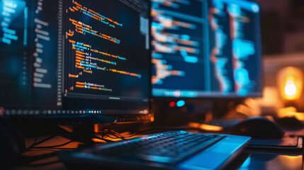 A computer monitor displays a lot of code on the screen. The computer ...