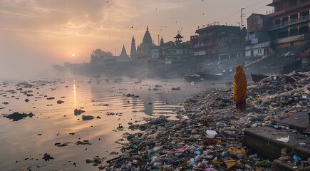 Polluted Riverbank: Environmental Crisis. Woman dressed Sari amid ...