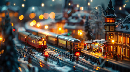 A nighttime scene at a model railway station, illuminated model trains ...