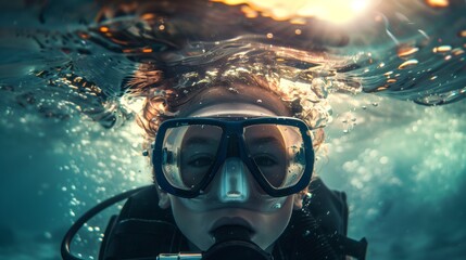 Close-up of a person with a diving mask and snorkel underwater, lit by ...