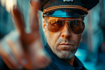 Police officer impersonator making a stop gesture with his hand: A ...