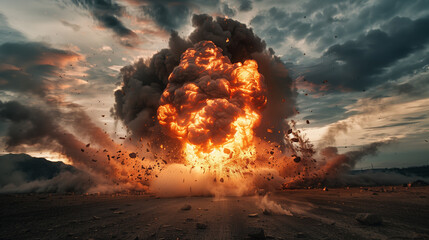 A powerful bomb explosion with tremendous force, creates a shock wave ...