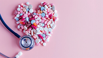 Heart made of pills and stethoscope on pink background