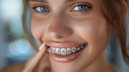 Young woman with captivating eyes and braces smiling mischievously ...