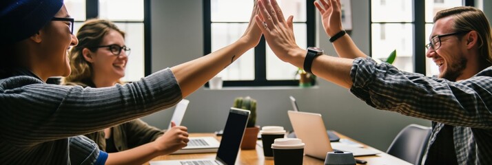 Four colleagues in a bright office engaging in a high five, depicting ...