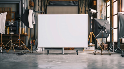 A white TV screen set in a film studio with a versatile virtual studio ...