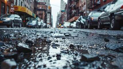 Detailed city shot, capturing the gritty pavement of a dirty street ...
