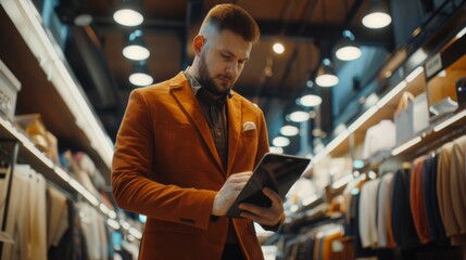 In a clothing store, a male visual merchandising professional uses a ...