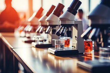 A row of laboratory microscopes is lined up on a lab table. The ...