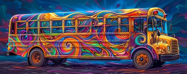 Psychedelic school bus with vibrant swirling colors and patterns ...