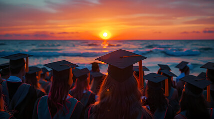 A group of graduates in caps and gowns watch a beautiful sunset on the ...