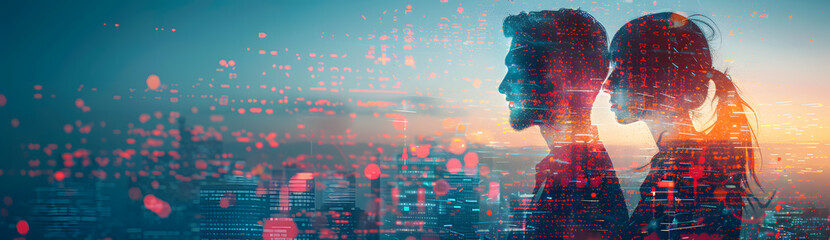 Love and technology. Loving couple in futuristic background.