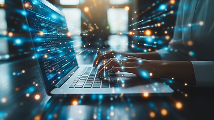 A person is typing on a laptop with a bright, colorful screen