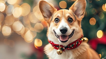 Adorable chubby corgi pup wearing a jingle bell collar, spreading ...