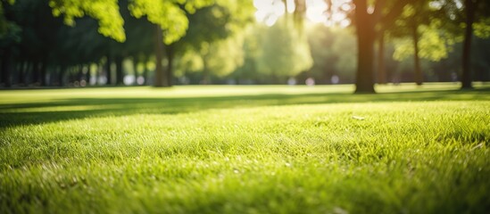 Lush green grass in a public garden park with sunlight filtering ...