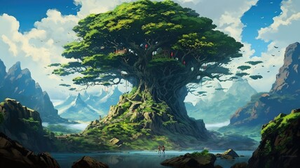 Digital art of fantasy landscape with giant tree and figure by the ...