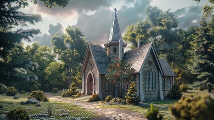 A small stone church with a steeple and a cross on top