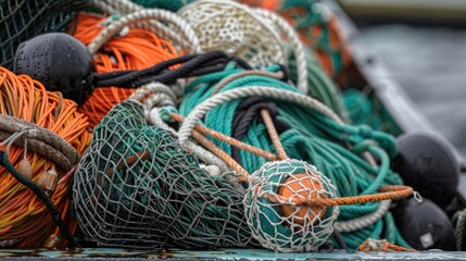 Photo of a stack of fishing nets and floaters on the deck, arranged in ...