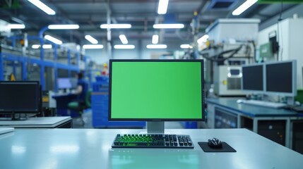 On the desk, a personal computer shows a green display with chroma key ...