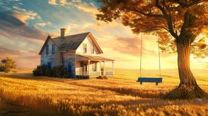 A rustic farmhouse with a front porch swing, surrounded by fields of ...