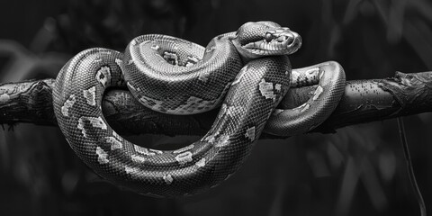 A black and white image of a snake on a branch. Suitable for nature and ...