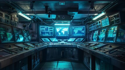 A futuristic control room is brimming with illuminated screens, showing ...