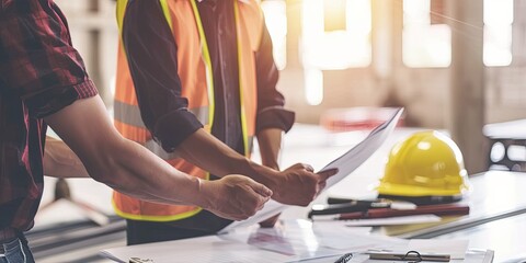 Project Manager Wearing Hard Hat Reviewing Blueprints from Pikwizard