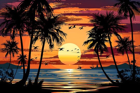 Beautiful Sunset On The Beach Drawing